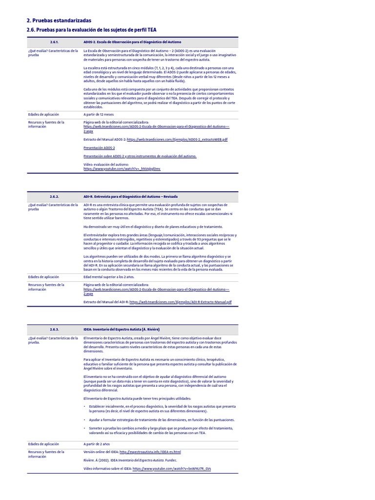2.6. Pruebas para La Evaluación de Los Sujetos de Perfil TEA | PDF | Espectro autista | Ciencias ...