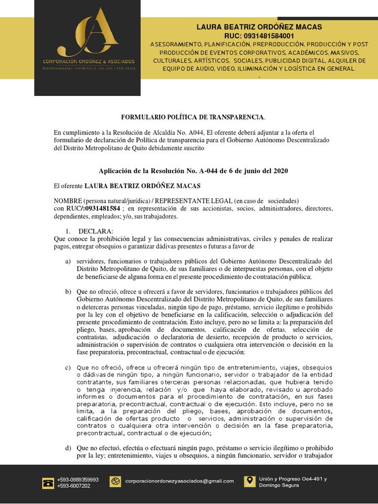 Formulario de Politica de Transparencia DMQ Resolucion A 044 | PDF ...