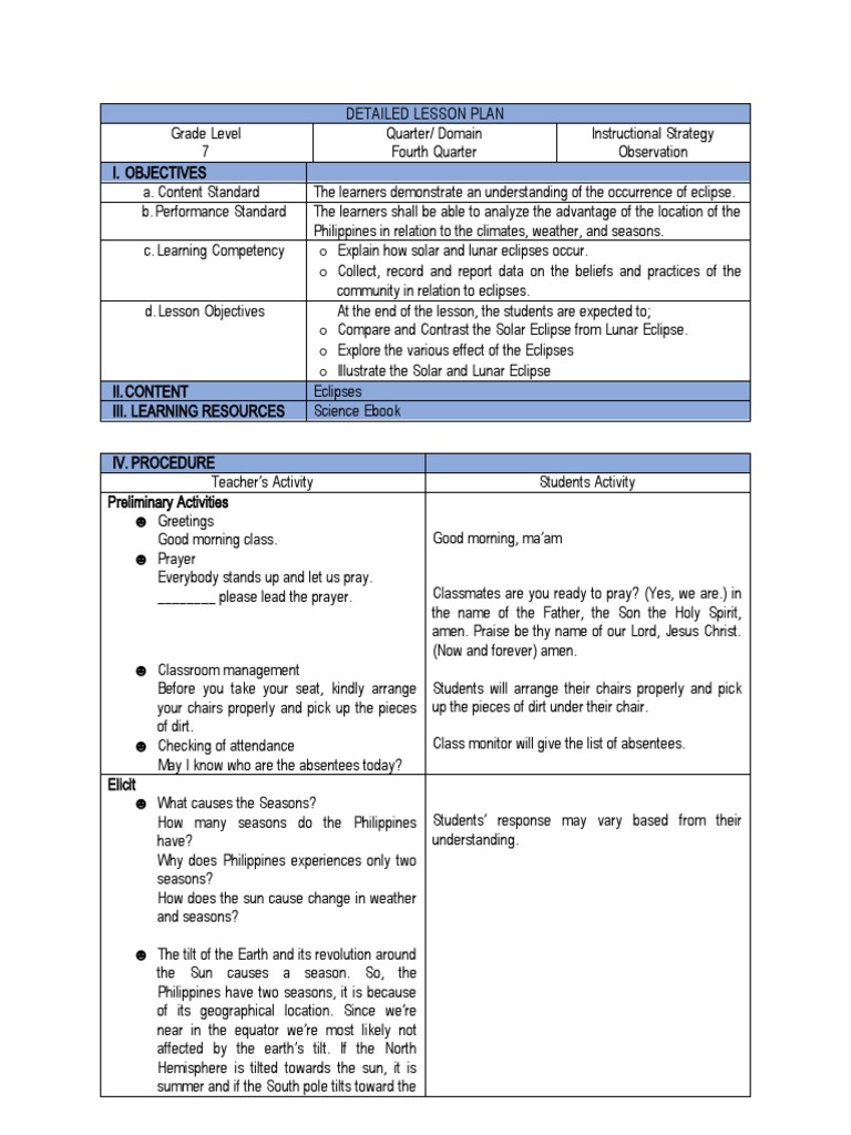 Detailed Lesson Plan | PDF | Solar Eclipse | Earth
