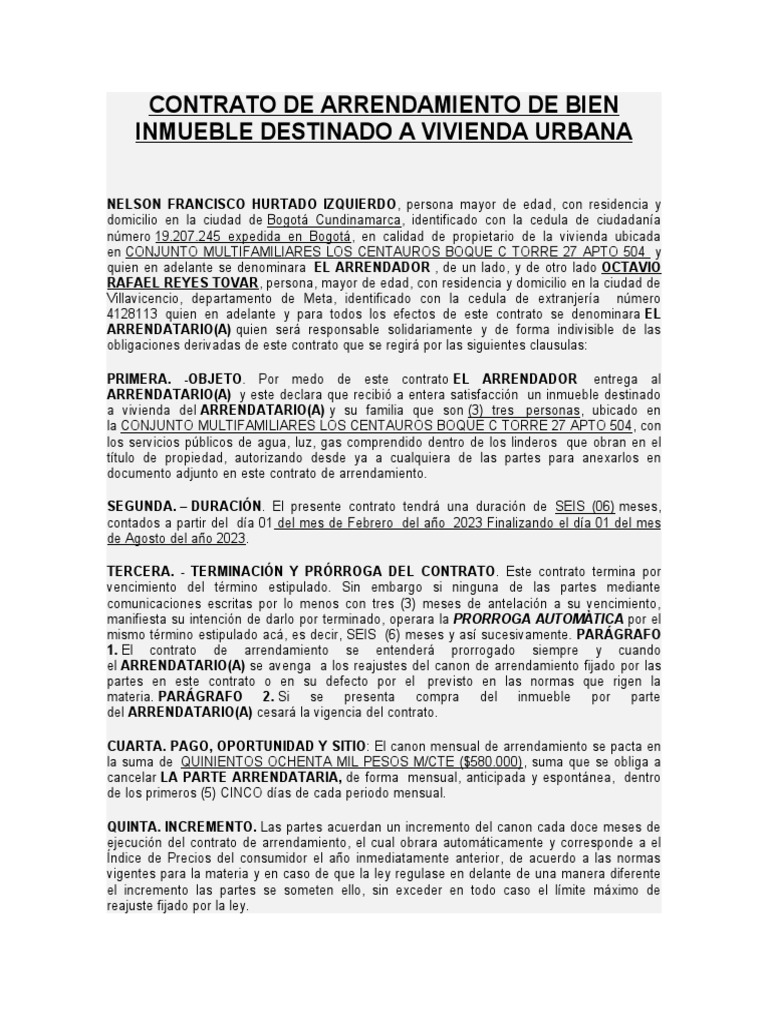 CONTRATO DE ARRENDAMIENTO DE BIEN INMUEBLE DESTINADO A VIVIENDA URBANA | PDF | Pagos | Justicia
