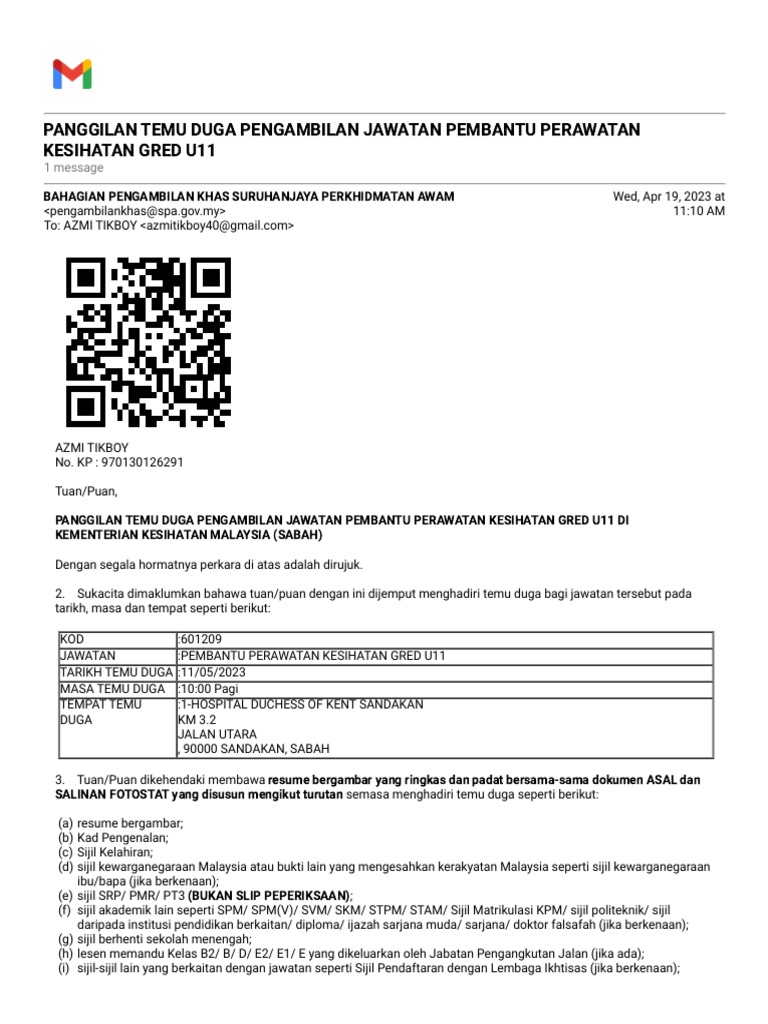 Gmail - PANGGILAN TEMU DUGA PENGAMBILAN JAWATAN PEMBANTU PERAWATAN KESIHATAN GRED U11 PDF | PDF