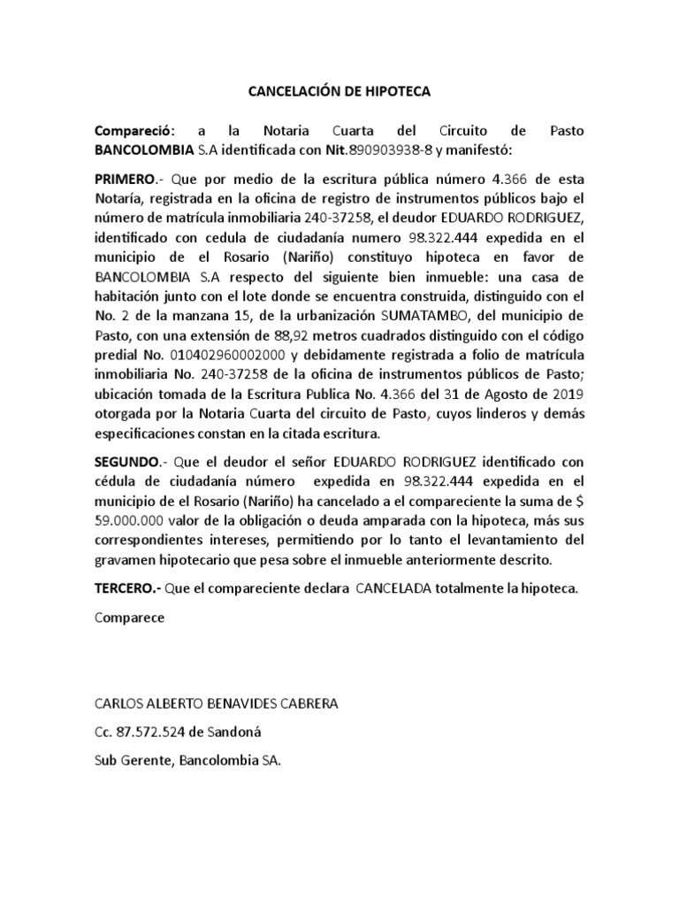 Minuta Cancelacion de Hipoteca | PDF