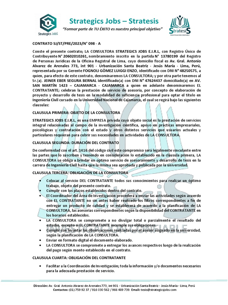 Contrato SJ - St.pre.2023.n° 098 - A - Jeiner Eber Segura Bernal - Ing Civil PDF | PDF | Business