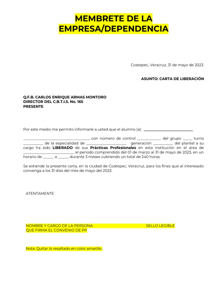Ejemplo Carta de Liberacion | PDF
