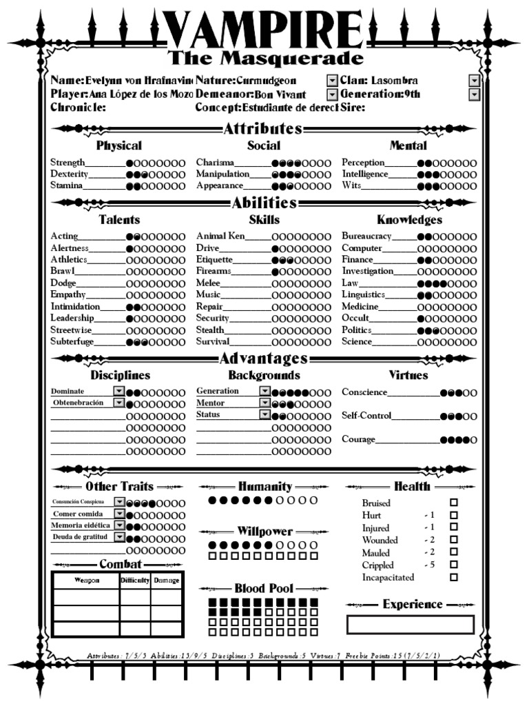 Editable Vampire Character Sheet (Ana) PDF | Download Free PDF | Role ...