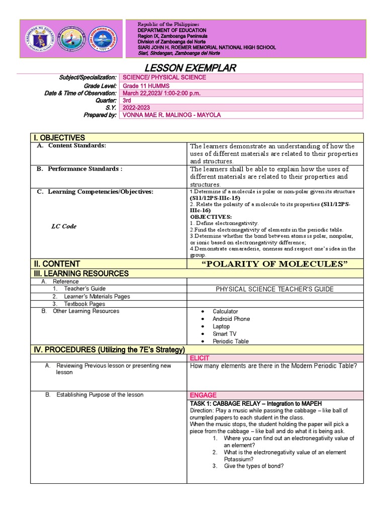 Lesson Exemplar Sample | PDF | Chemical Bond | Chemical Polarity