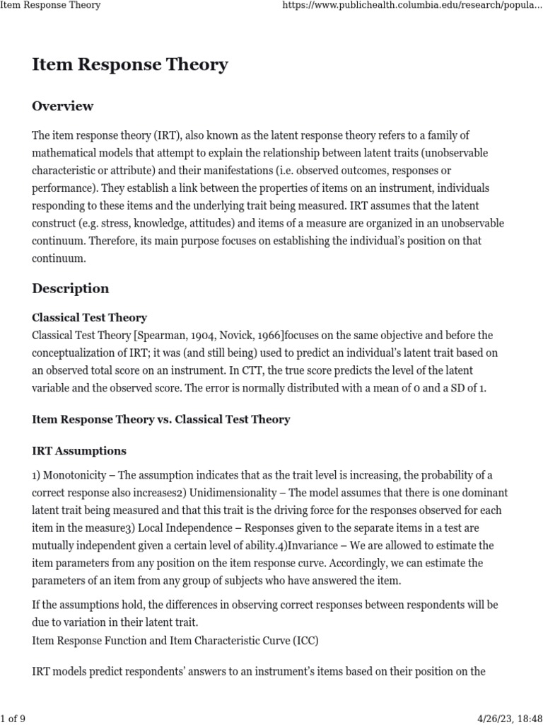 Item Response Theory Columbia University Mailman School of Public ...