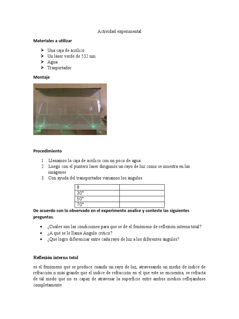 Reflexión Interna Total y Ángulo Crítico | PDF | Reflexión (Física ...