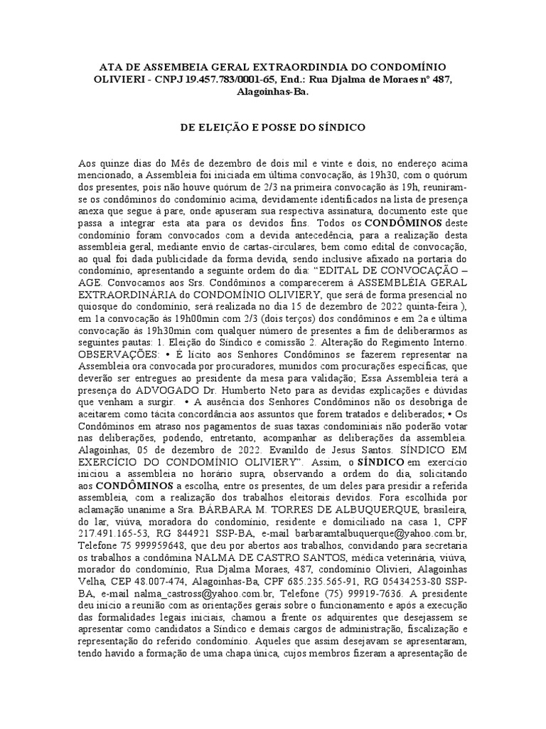 Ata de Eleição e Posse Do Síndico Do Condomínio | PDF | Condomínio ...