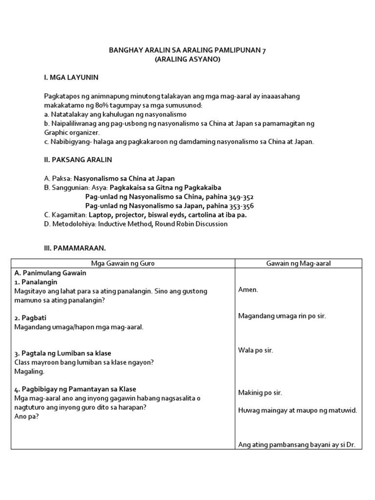 Banghay Aralin Sa Araling Panlipunan 7 | PDF