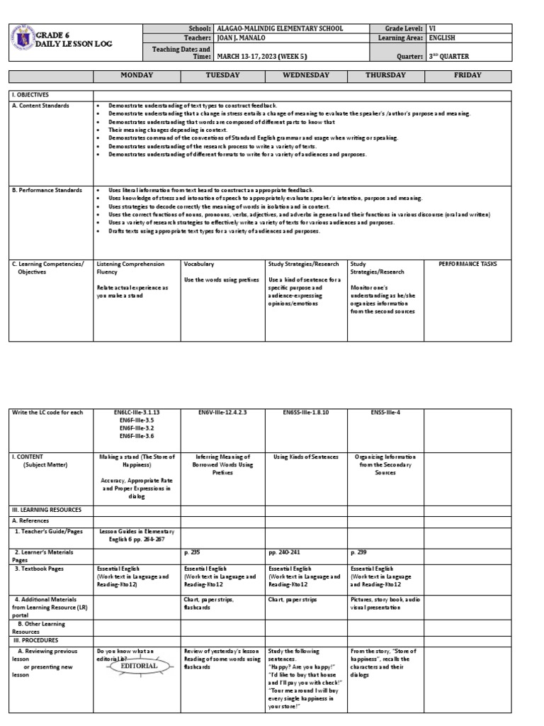 DLL - English 6 - Q3 - W5 | PDF | Human Communication | Cognition