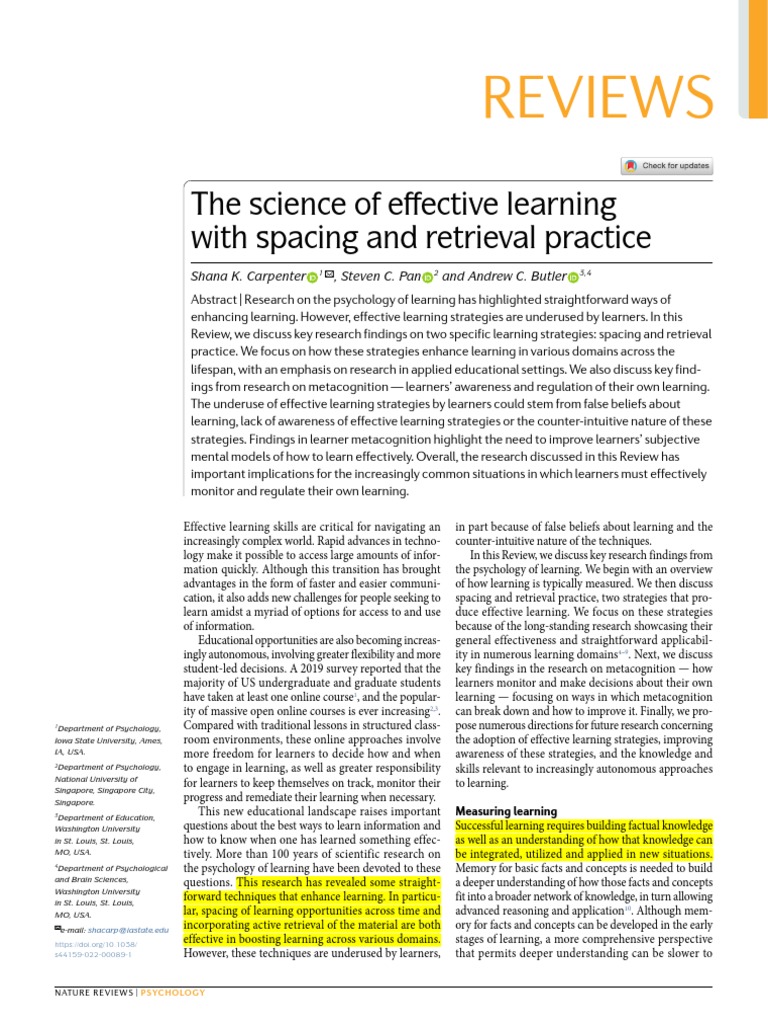 Carpenter Et Al - 2022 - The Science of Effective Learning With Spacing ...