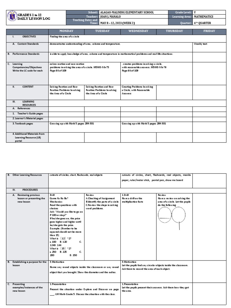 DLL - Mathematics 5 - Q4 - W2 | PDF | Area | Circle