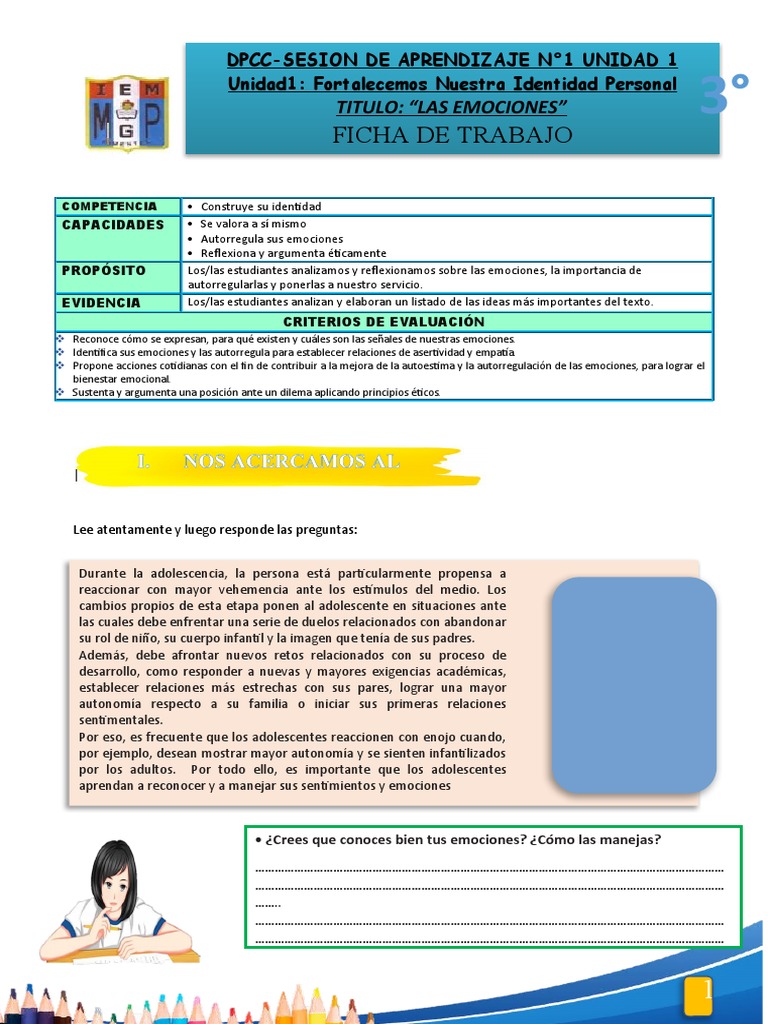 3° DPCC Ficha de Trabajo S2 U1 | PDF | Las emociones | Aprendizaje
