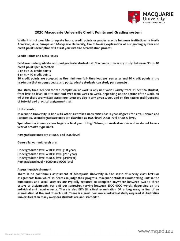 2020 Macquarie University Grading and Credit Point System PDF | PDF ...