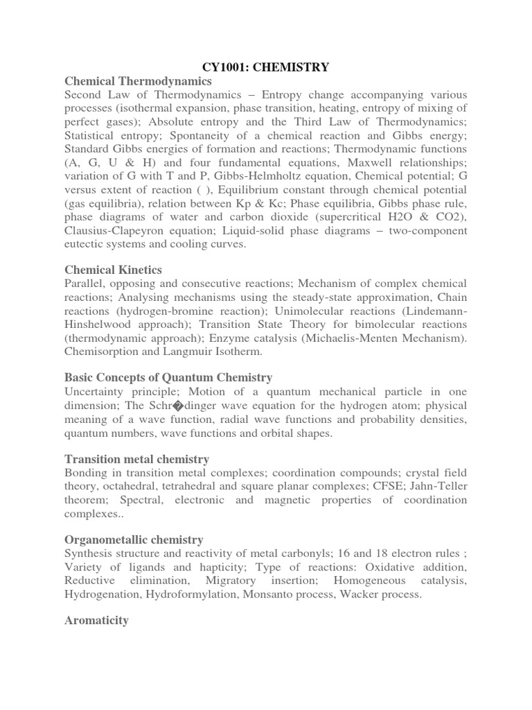 CY1001 Syllabus | Download Free PDF | Chemical Reactions | Chemistry