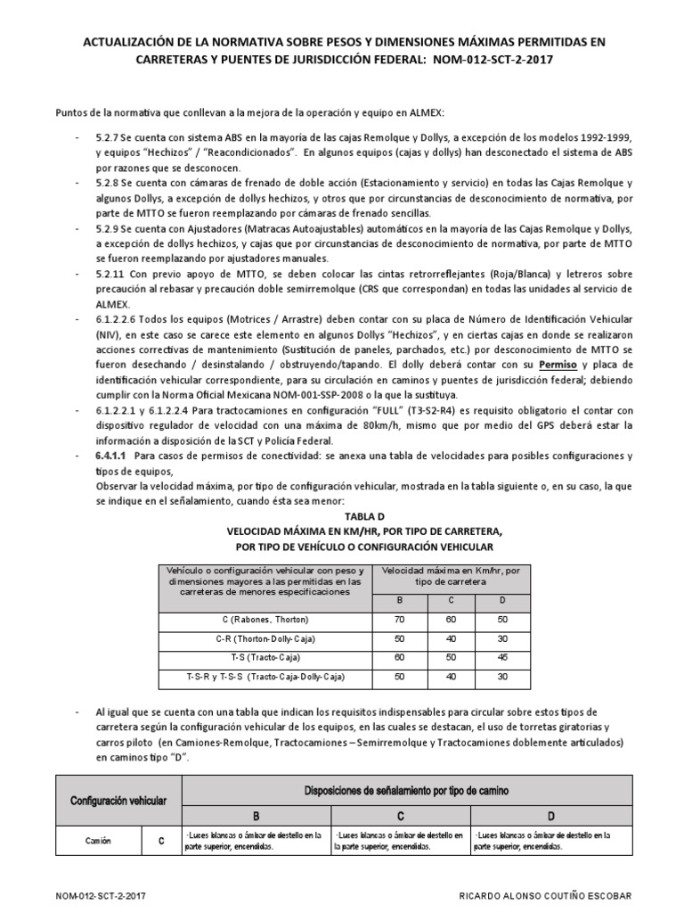 Resumen NOM-012-SCT-2-2017 | PDF | Remolque (Vehículo) | Vehículo de motor