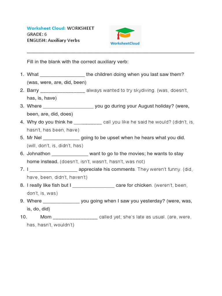 Grade 6 Auxiliary Verbs Worksheet | PDF