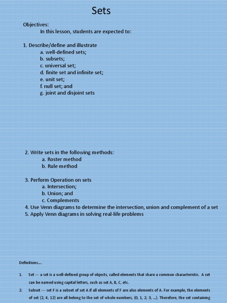 Understanding Sets: Definitions and Methods | PDF | Set (Mathematics ...