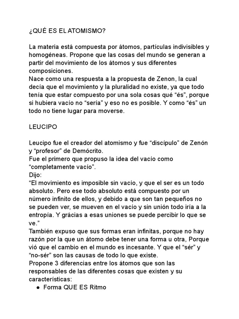 ¿Qué Es El Atomismo? | PDF
