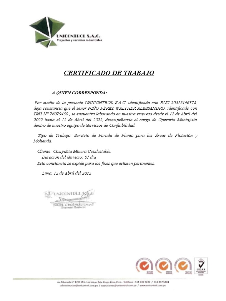 Certificado de Trabajo | PDF