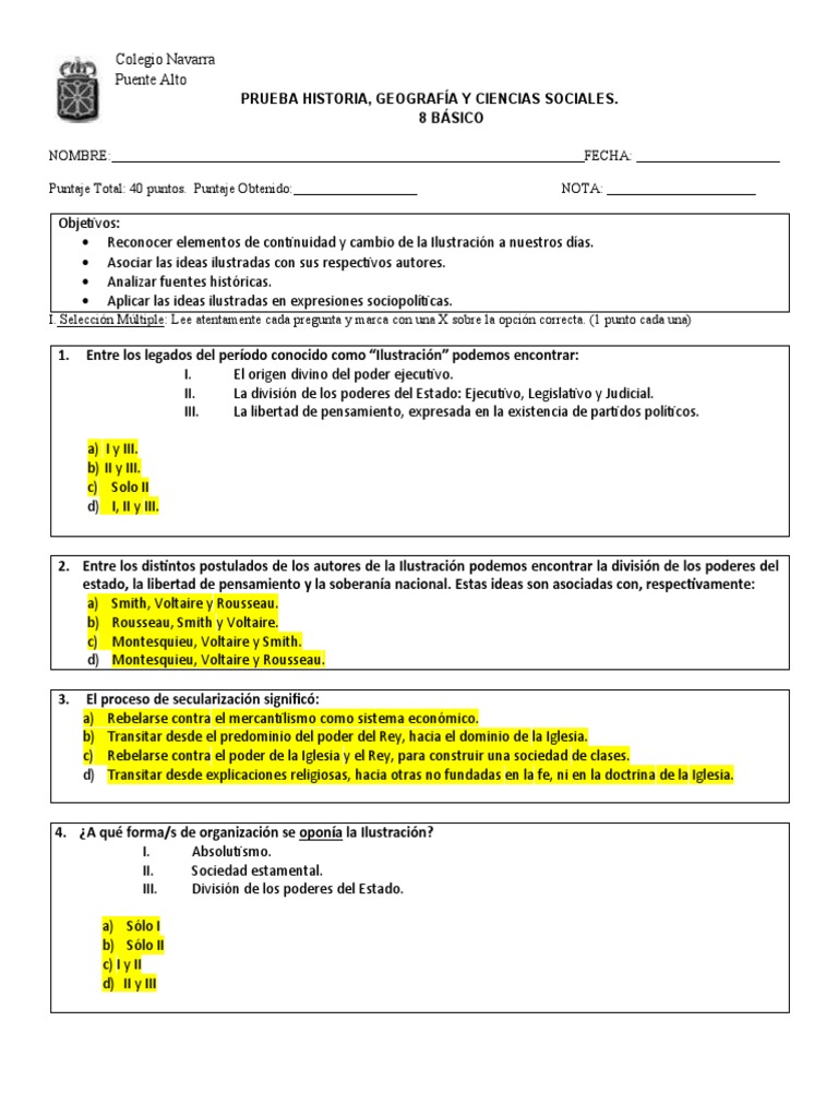 Prueba ILUSTRACION 8vo 2018 | PDF | Era de iluminacion | Declaración de independencia de los ...