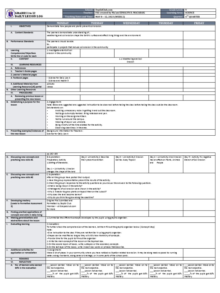 DLL - Science 5 - Q4 - W2 | PDF | Learning | Differentiated Instruction