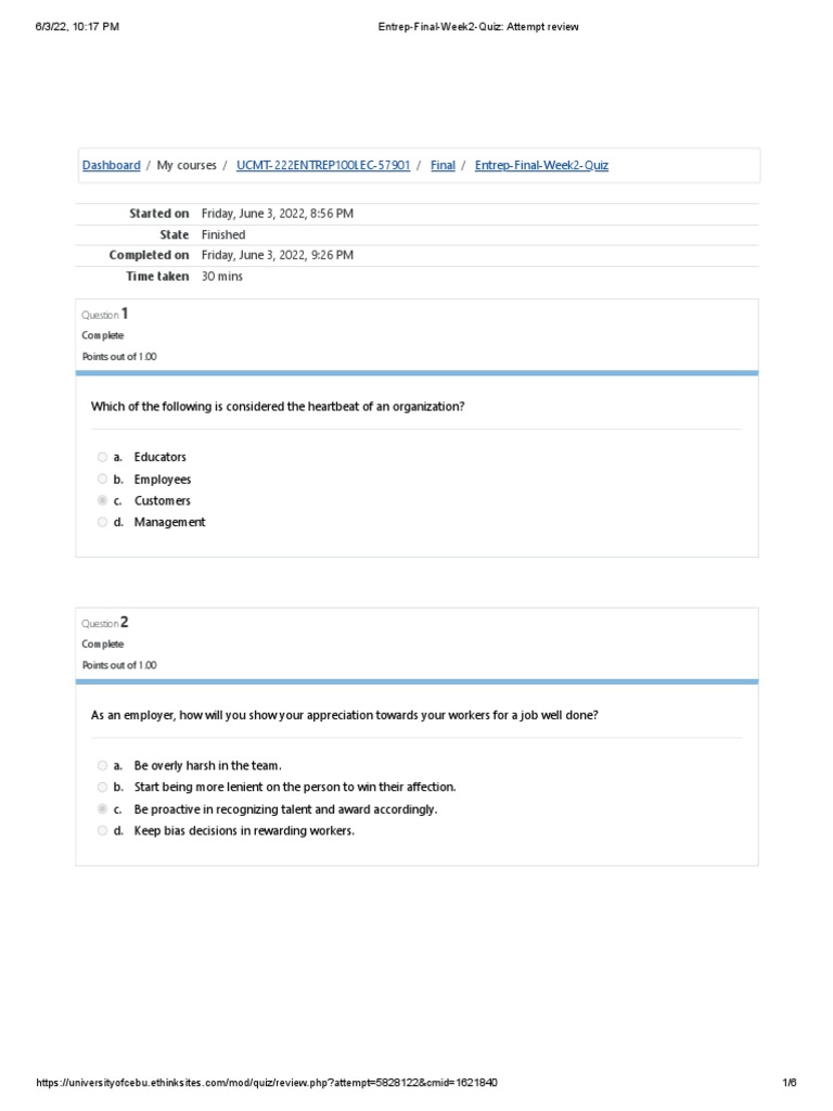 Entrep Final Week2 Quiz - Attempt Review PDF | PDF | Employment | Reinforcement