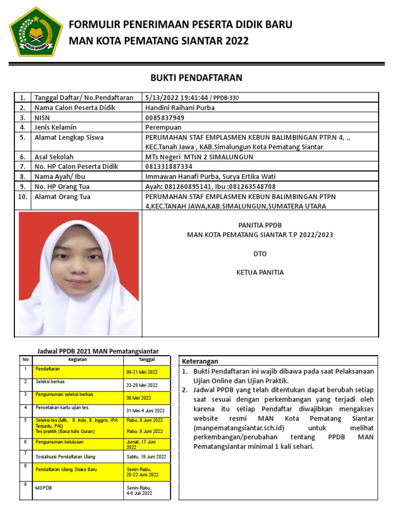 BUKTI PENDAFTARAN PPDB-330 - Handini Raihani Purba 2 PDF | PDF