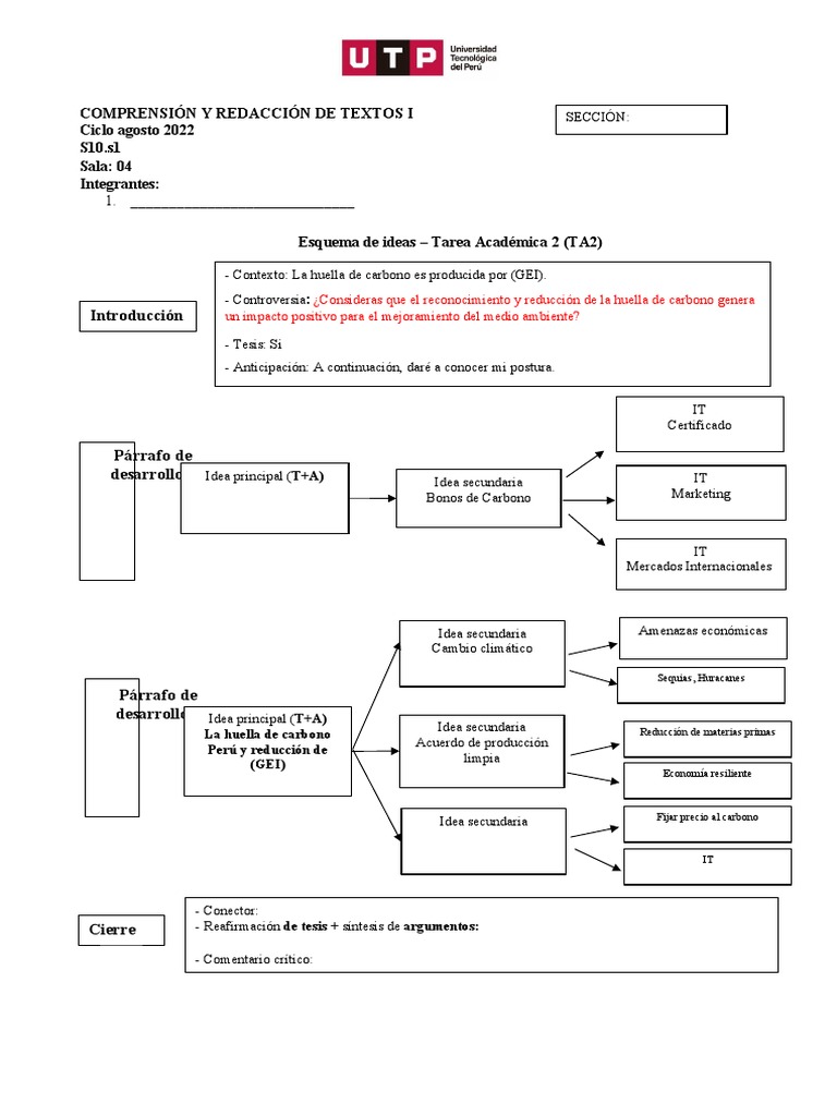 S10.s1- Esquema de ideas -Tarea Académica 1 (TA2)-agosto 2022 | PDF | Huella de carbono | Cambio ...