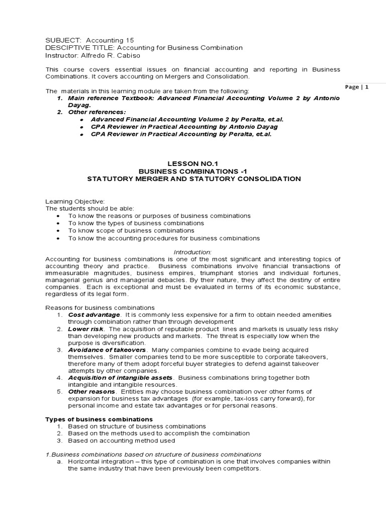 BUSINESS COMBINATION-lesson 1 | PDF | Mergers And Acquisitions | Book Value