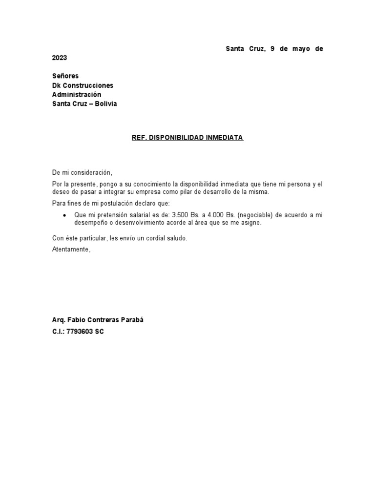 Carta de Disponibilidad y Pretencion Salarial | PDF