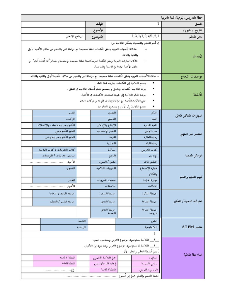 RPH Bahasa Arab Tahun 1 KSSR Semakan - Stem | PDF