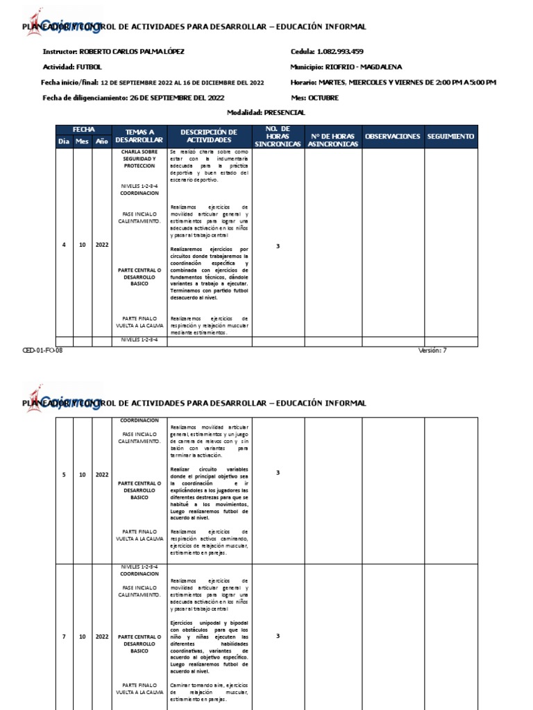 Planeador Octubre | PDF | Asociación de Futbol | Coordinación motriz