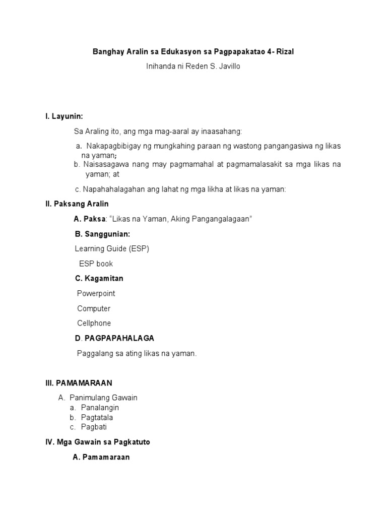 ESP Lesson Plan 4 6th Lesson | PDF