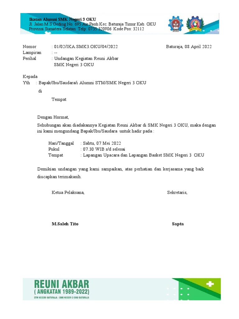 Undangan Reuni Akbar Alumni SMK 3 OKU | PDF