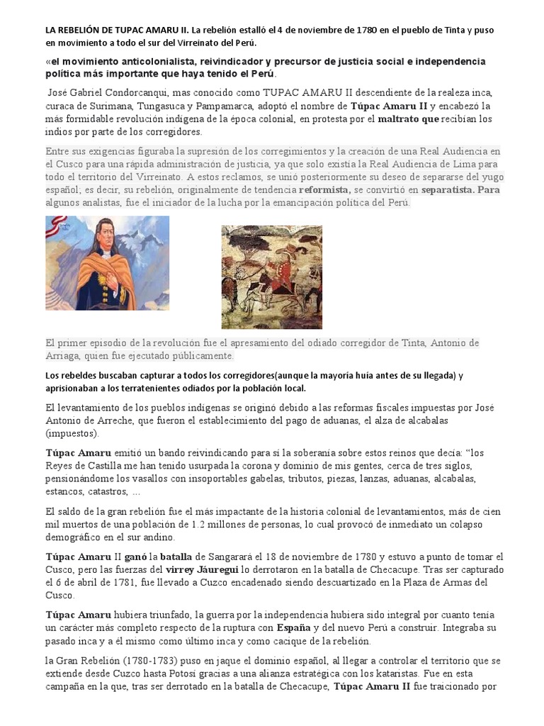 La Rebelión de Tupac Amaru Ii | PDF | Imperio español | América del Sur