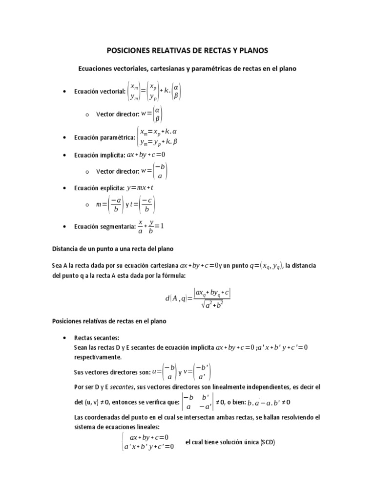 Posiciones Relativas de Rectas y Planos | PDF | Ecuaciones | Vector Euclidiano