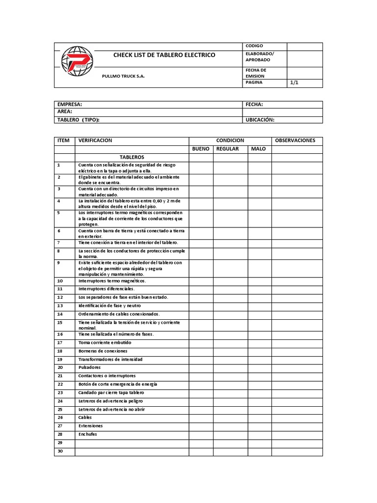 Check List Tableros Electricos | PDF | Corriente eléctrica | Energia ...