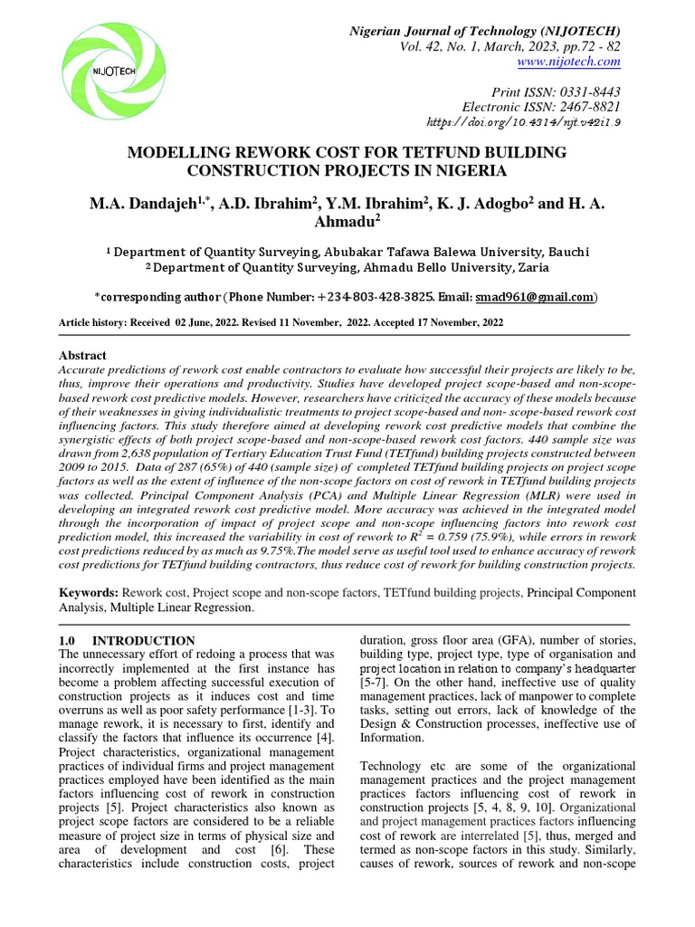 Modelling Rework Cost For Tetfund Building Construction Projects in Nigeria | PDF | Coefficient ...