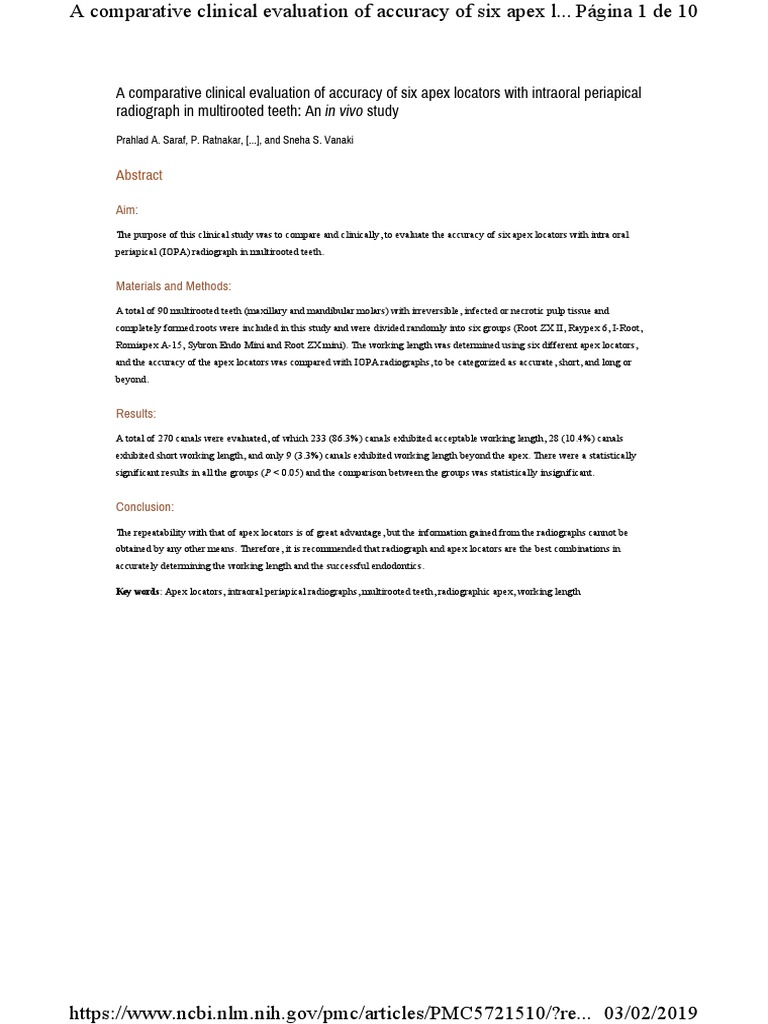 A Comparative Clinical Evaluation Of Accuracy Of Six Apex Locators With Intraoral Periapical