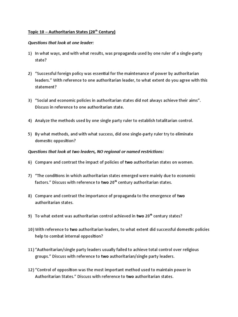 Paper 2 Practice Questions Authoritarian States | PDF ...
