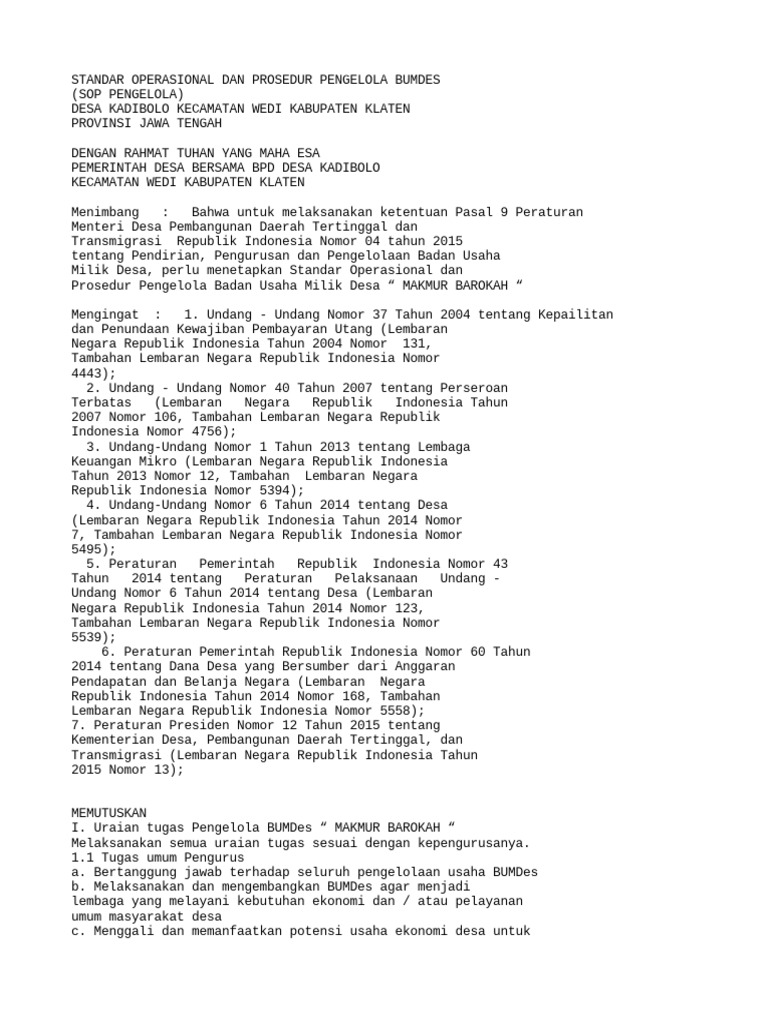 Standar Operasional Dan Prosedur Pengelola Bumdes (Sop Pengelola) - 1593966441694 | PDF