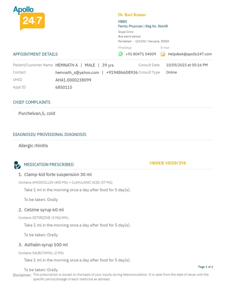 Prescription - 6850115 - 10 05 2023 - Dr. Ravi - Apollo ...