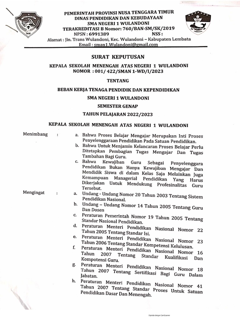 SK Pembagian Tugas dan Jadwal Mengajar | PDF