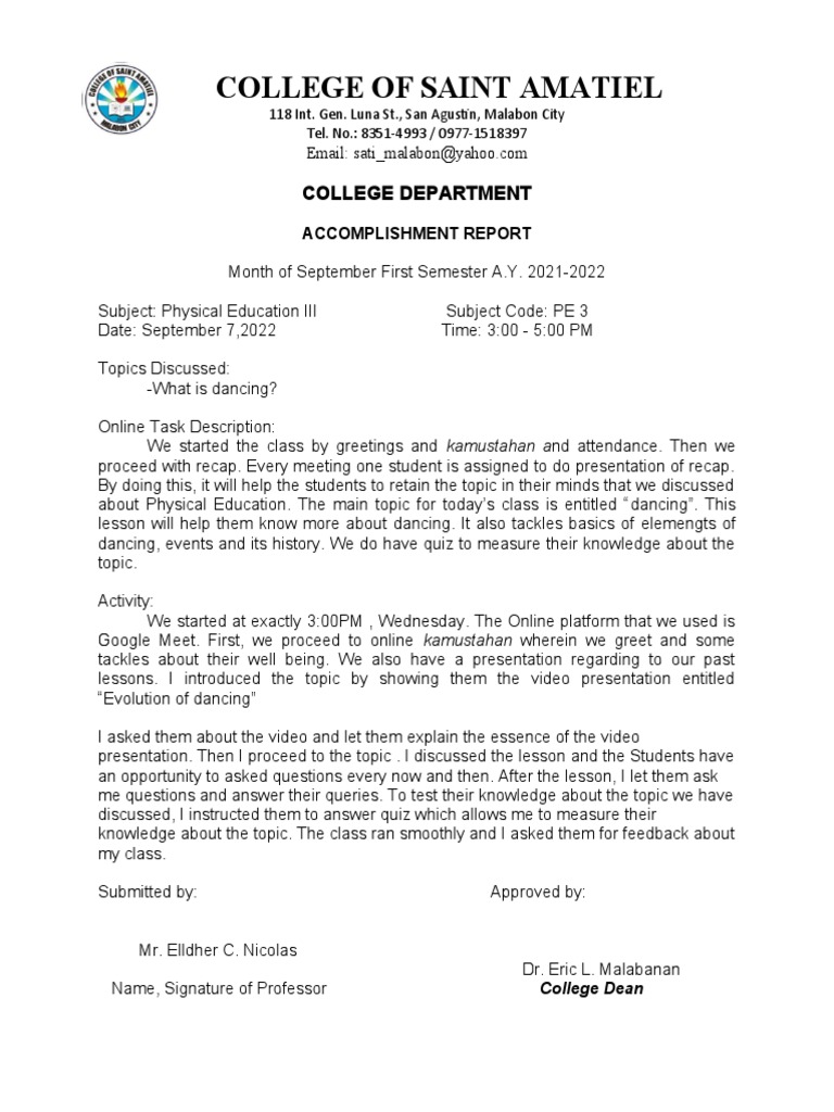 September Accomplishment Report: PE III | PDF | Physical Education ...