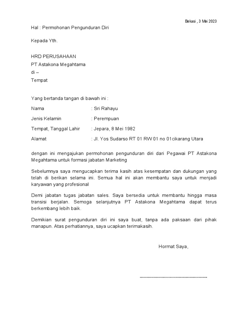Format Surat Pengunduran Diri Rahayu | PDF