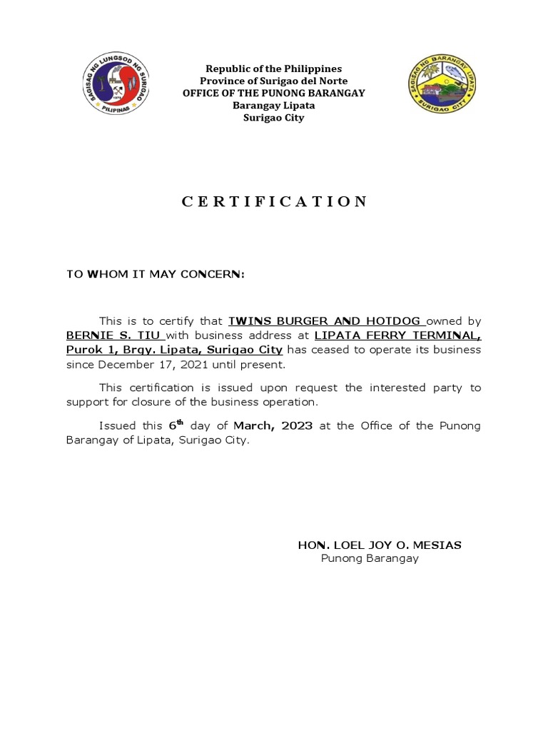 Barangay Business Closure Certification | PDF