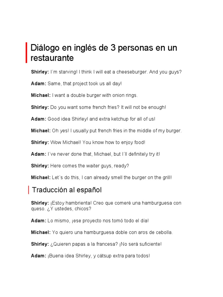 Diálogo en inglés de 3 personas en un restaurante | PDF