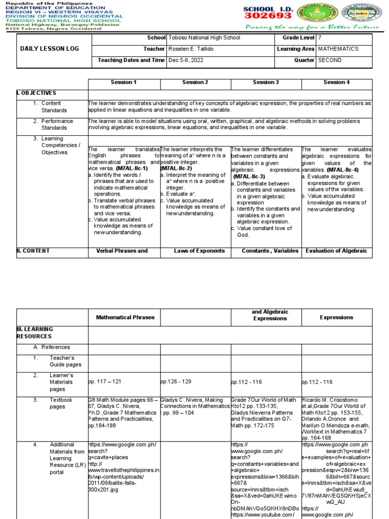 Daily Lesson Log | PDF | Variable (Mathematics) | Multiplication